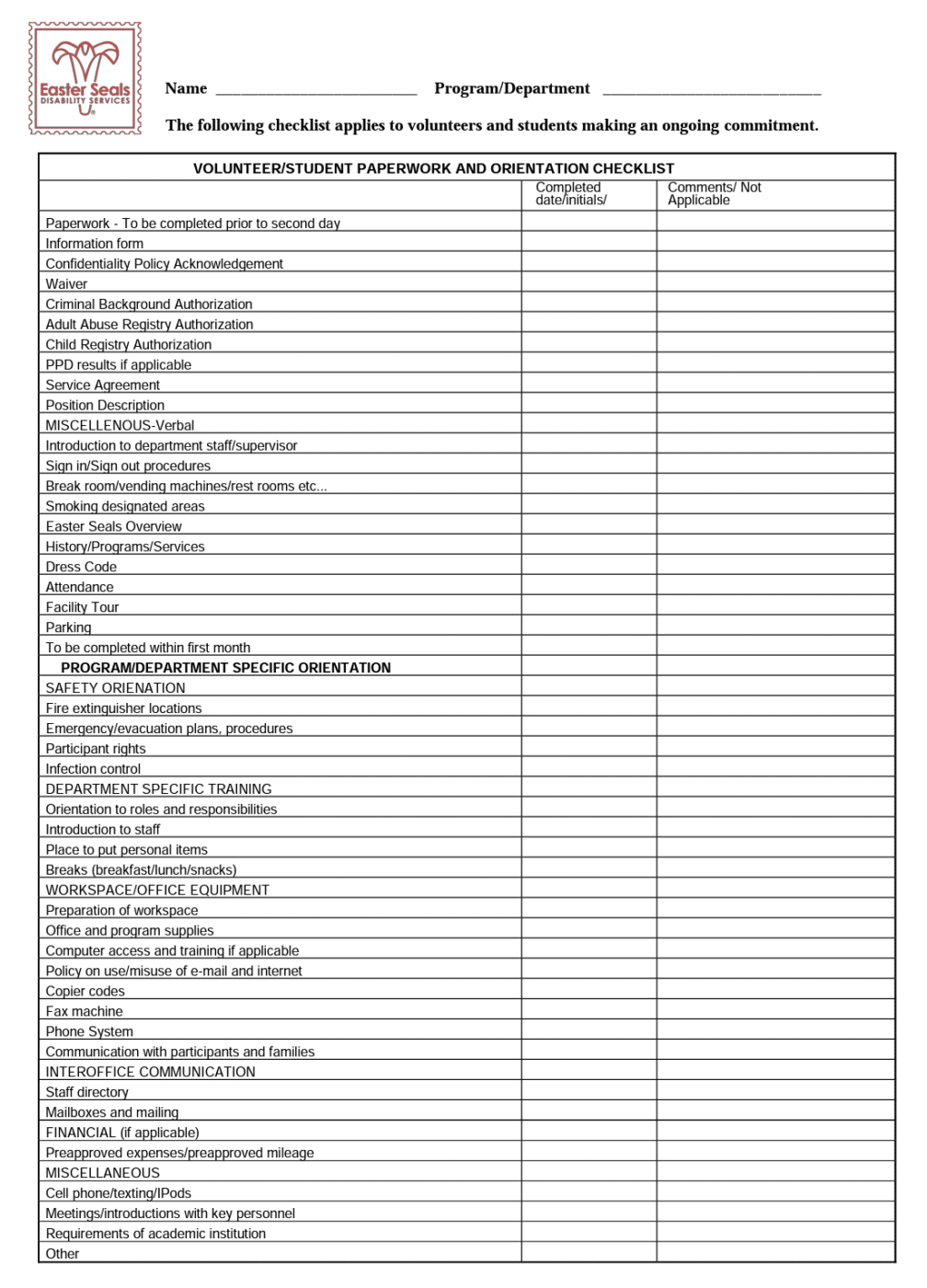 Volunteer/Student Paperwork and Orientation Checklist | ARCH National ...