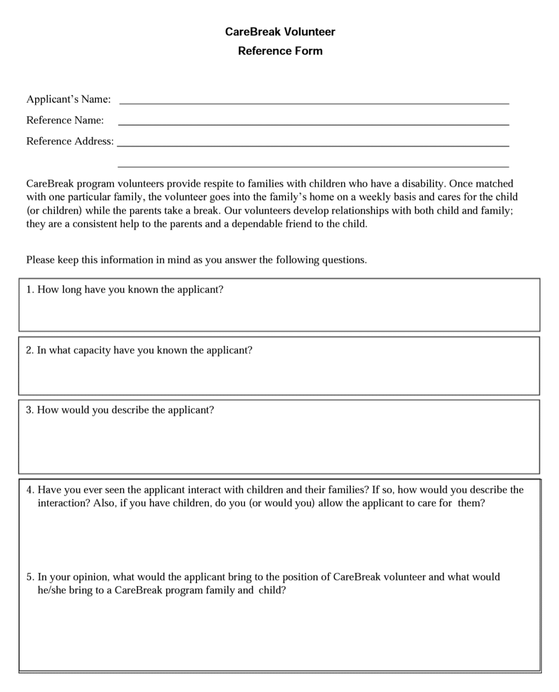 CareBreak Volunteer Reference Form | ARCH National Respite Network ...