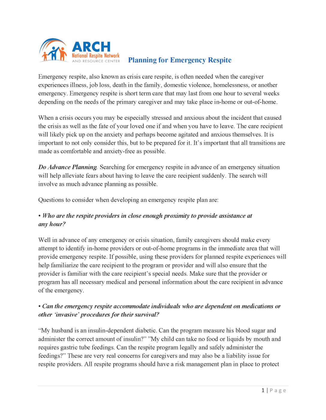 Planning for Emergency Respite | ARCH National Respite Network ...